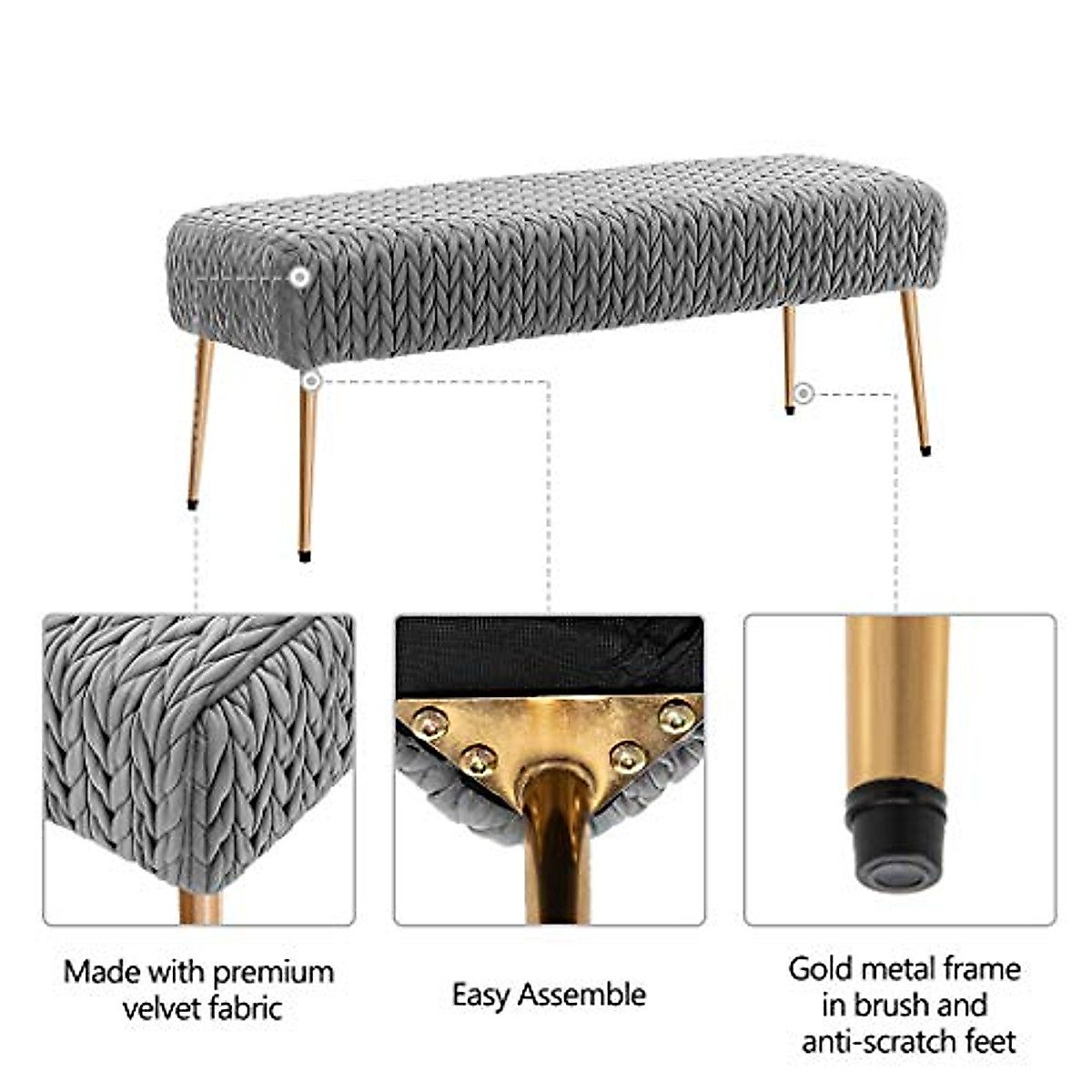 Duhome Modern Quilt Velvet Ottoman Bench, Upholstered Entryway Bench for livingroom Bedroom Benches for End of Bed with Gold Legs, Padded Soft Dining Kitchen Bench Vanity Benches,Grey