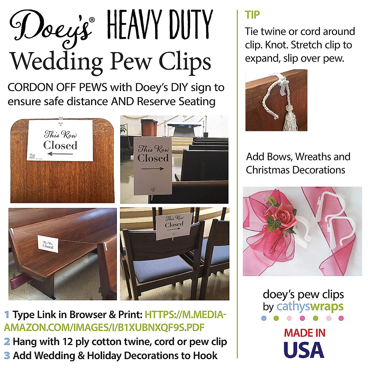 DOEYS Heavy Duty Pew Clips for Weddings (12-Pack) Dependable Flexible Holder for Church Ceremony Aisle Decorations - Secure Bows, Flowers, Signs, Garland to Pew Ends, Bench Seats, Chairs (MADE in USA)