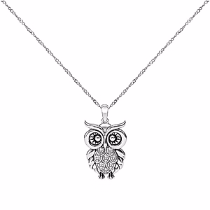 Diamond Owl Necklace for Women 925 Sterling Silver 1/10ct (I-J, I3), 18 inches, by Keepsake