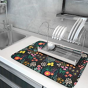 Giwawa Colorful Flowers Dish Drying Mats for Kitchen Counter 18 X 24 Inch Spring Floral Microfiber Dish Mat, Reversible Dish Drainer Mats Countertops Protector Pad
