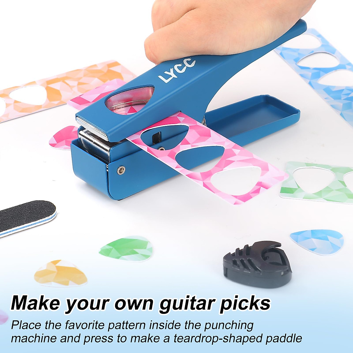 DIY Guitar Pick Punch luxury gift package the,Premium Guitar Pick Maker,16paddle clip Strips and a file for smoothing - blue