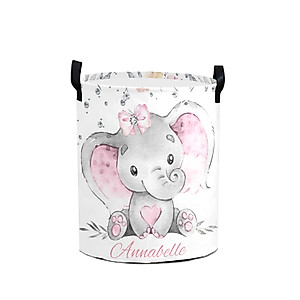 Pink Gray Elephant Diamond Personalized Waterproof Foldable Laundry Basket Bag with Handle, Custom Collapsible Clothes Hamper Storage Bin for Toys Laundry Dorm Travel Bathroom