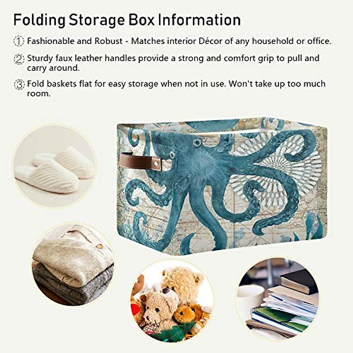 Glaphy Octopus Nautical Old Map Storage Basket Bin Foldable Nursery Toy Basket with Handles for Home Office Bedroom（Rectangular）