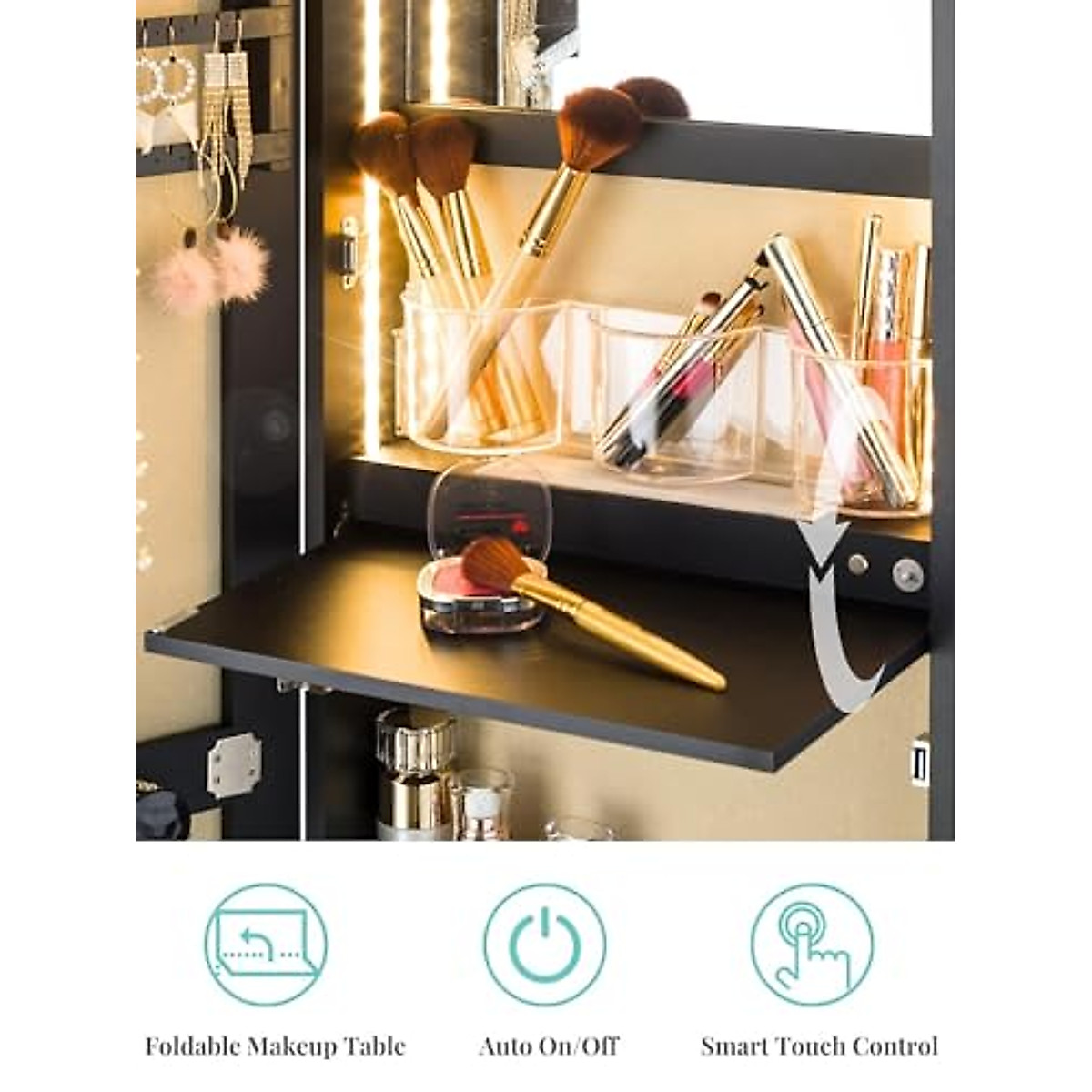 LUXFURNI Mirror Jewelry Cabinet Wall-Mount/Door-Hanging Armoire, Full length Mirror Lockable Makeup Storage Organizer w/Cosmetic Box (Black)