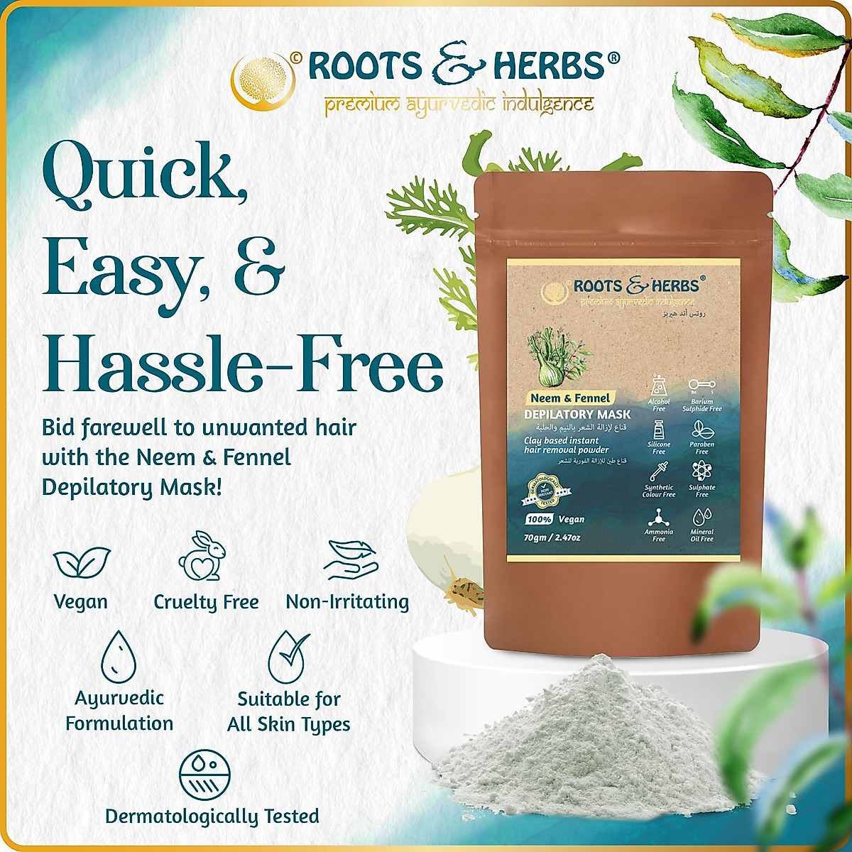 Neem & Fennel Hair Removal Mask - Bikini Hair Removal for Women’s & Men’s Legs, Underarm, & Chest,- Depilatory Powder Body Hair Remover with Ayurvedic Herbs for All Skin Types - Roots & Herbs, 2.47oz