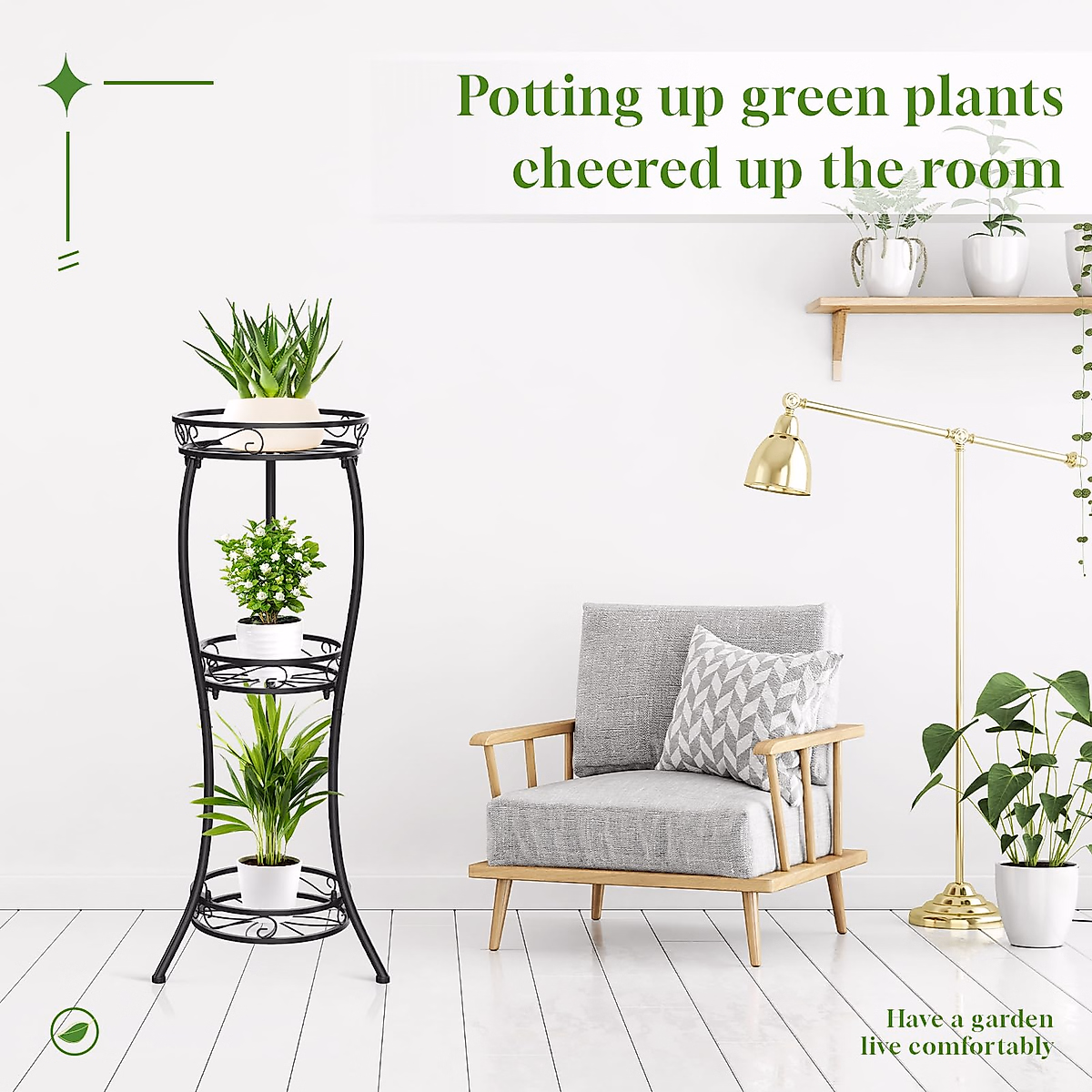 FLMOUTN 3 Tier Tall Metal Plant Stand for Indoor Outdoor Plants, 35 Inch Corner Plant Stands Display Rack, Rustproof Iron Flower Pot Holder Shelf for Patio Balcony Garden Living Room (Black)