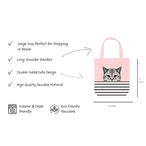 Cute Cat Pink Tote Bag - Cat Gifts for Women - Pink Black Cat Gifts for Cat Lovers - Cat Mom Gifts - Birthday Bags for Cat Lover Gifts - Teacher, Book Tote Bag - Large Reusable for Shopping (Pink Cat)