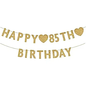 Gold Happy 85th Birthday Banner, Glitter 85 Years Old Woman or Man Party Decorations, Supplies