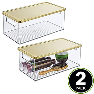 mDesign Plastic Bathroom Storage Organizer Bin - Stackable Box with Handles and Steel Lid - Perfect for Makeup and Medicine Organization - 15" Long - Ligne Collection, 2 Pack, Clear/Soft Brass