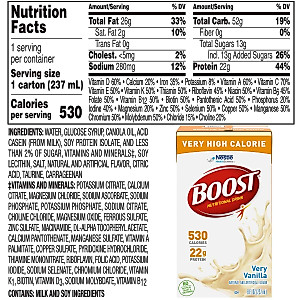 Boost Very High Calorie Nutritional Drink Very Vanilla, Made with Natural Vanilla Flavor & No Artificial Flavors, Colors & Sweeteners, 8 FL OZ (Pack of 24)