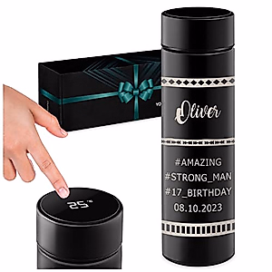 Maverton Travel Mug with engraving for man - 15,2 fl oz flask for him - Removable tea infuser - Lightweight design - LED Display - For Birthday - Personalized gadget for traveler - hashtag