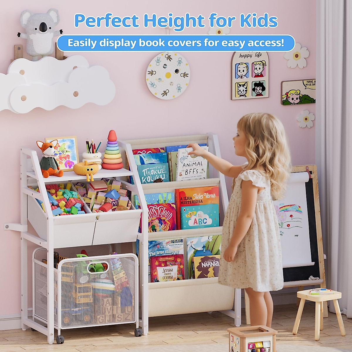 Kids Bookshelf and Toy Storage Organizer - 3 Tier Book Shelf for Kids Rooms with Movable Drawer, Kids Bookcase with 2 Toy Bins, Toddler Baby Childrens Bookshelf, for Bedroom Playroom Classroom (White)