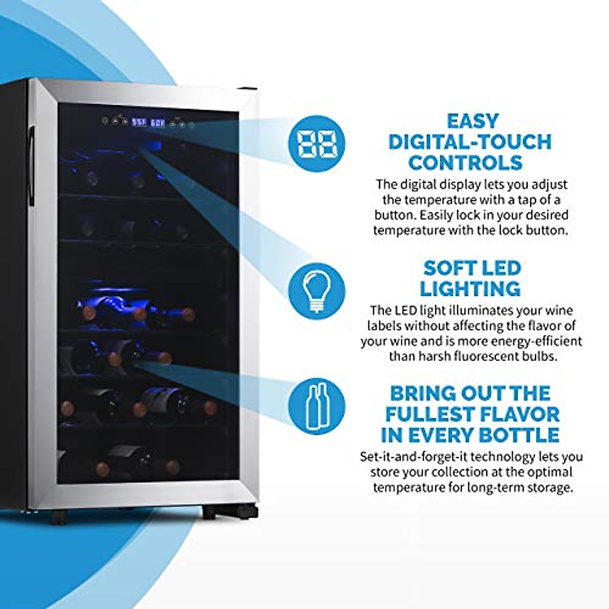 NewAir Wine Cooler and Refrigerator | 28 Bottle Capacity | Freestanding/Built-in Countertop Wine Cellar in Stainless Steel with UV Protected Glass Door NWC028SS01