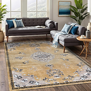 Beverly Rug Non Slip Rugs 8x10 Boho Medallion Floral Non Skid Rubber Backing Easy Silk Soft Area Rug for Living Room Easy to Clean Non Shedding Kitchen Bedroom Indoor Carpet (8 x 10 Yellow - Gray)