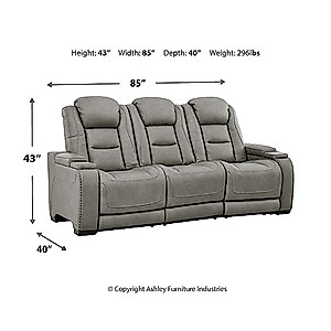 Signature Design by Ashley The Man-Den Leather Power Reclining Sofa with Adjustable Headrests & Wireless Charging, Gray