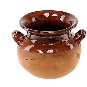 Olla Frijolera De Barro 1.5 Qt. Mini Traditional Handmade Mexican Authentic Artisan Barro Clay 100% Stockpot with Brown Glaze Interior Finish