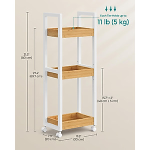 SONGMICS Bamboo Rolling Cart, 3-Tier Utility Cart on Wheels, Slim Narrow Storage Shelf, Bamboo Shelves, Space-Saving, Multifunctional, for Bathroom, Kitchen, White and Natural UBCB083N02