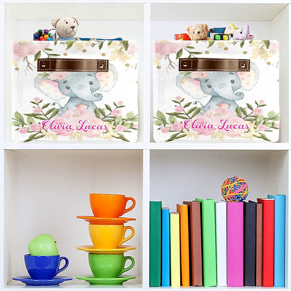 Rose Floral Elephant Personalized Storage Basket,Custom Storage Bins Cubes Organizer with Handle for Bedroom Wardrobe,Nursery,Basket 1 Pack