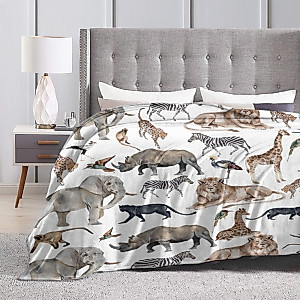 Animal Blanket Gifts for Boys Girls,Woodland Forest Animals Pattern Throws,Soft Plush Elephant Leopard Monkey Lion Hippo Print,Lightweight Quilts for Bed Sofa Decoration 60 x 50in for Teens
