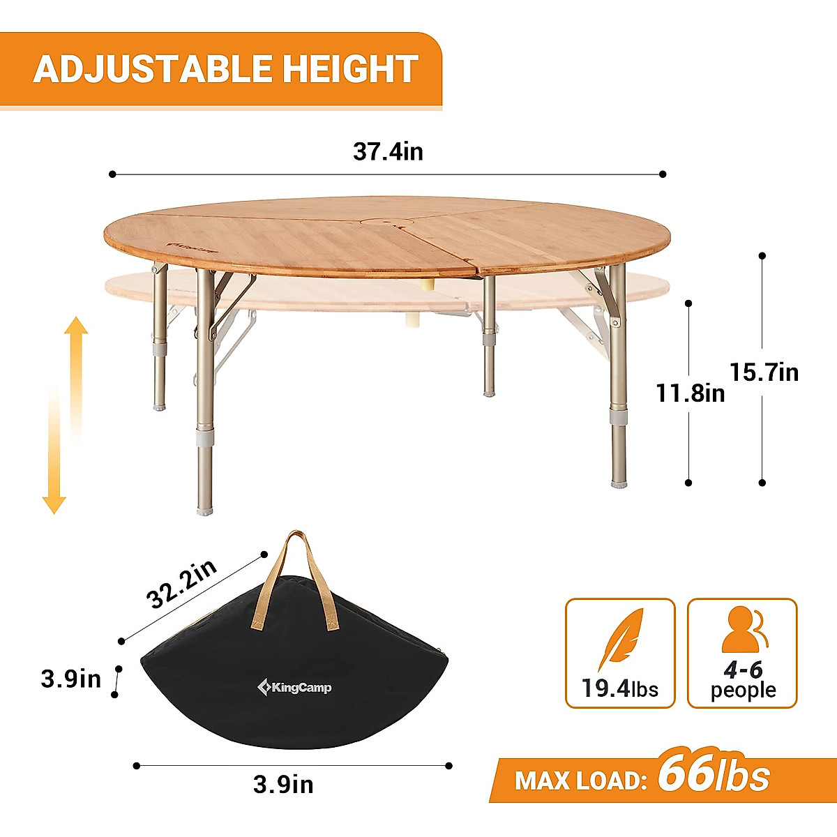 KingCamp Bamboo Round Folding Table Camping Table for Teepee Bell Tent 3 Fold Portable Camp Table with Heavy Duty Adjustable Height Aluminum Leg for Camping Picnic Indoor & Outdoor Card Game Dinning