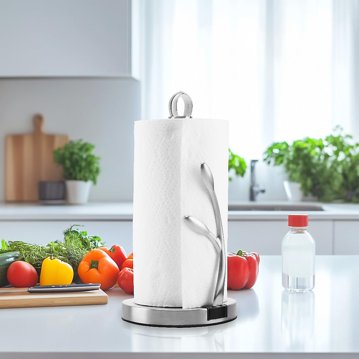 Vine Series Paper Towel Holder by Everyday Solutions - Stainless Steel - Sleek Kitchen Roll Holder - Free Standing Vertical Paper Towel Stand for Home and Kitchen