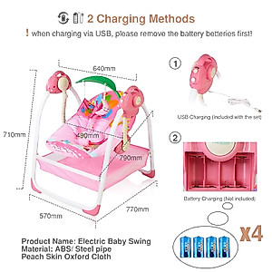 Baby Swing for Infants, Portable Baby Swing with 6 Motions, Toddler Swing with Music, Sounds, Timing, Baby Rocker with 2 Toys, Plsuh Seat & Soft Head Support, Machine Washable Fabric (Pink)