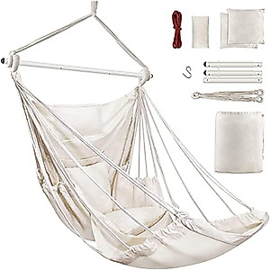 Outerman Hammock Chair, Hanging Chair with 3 Cushions and Foot Rest Support, Durable Metal Spreader Bar Max 500 Lbs, Swing Chair for Bedroom, Indoor & Outdoor, Patio, Porch or Tree（White）