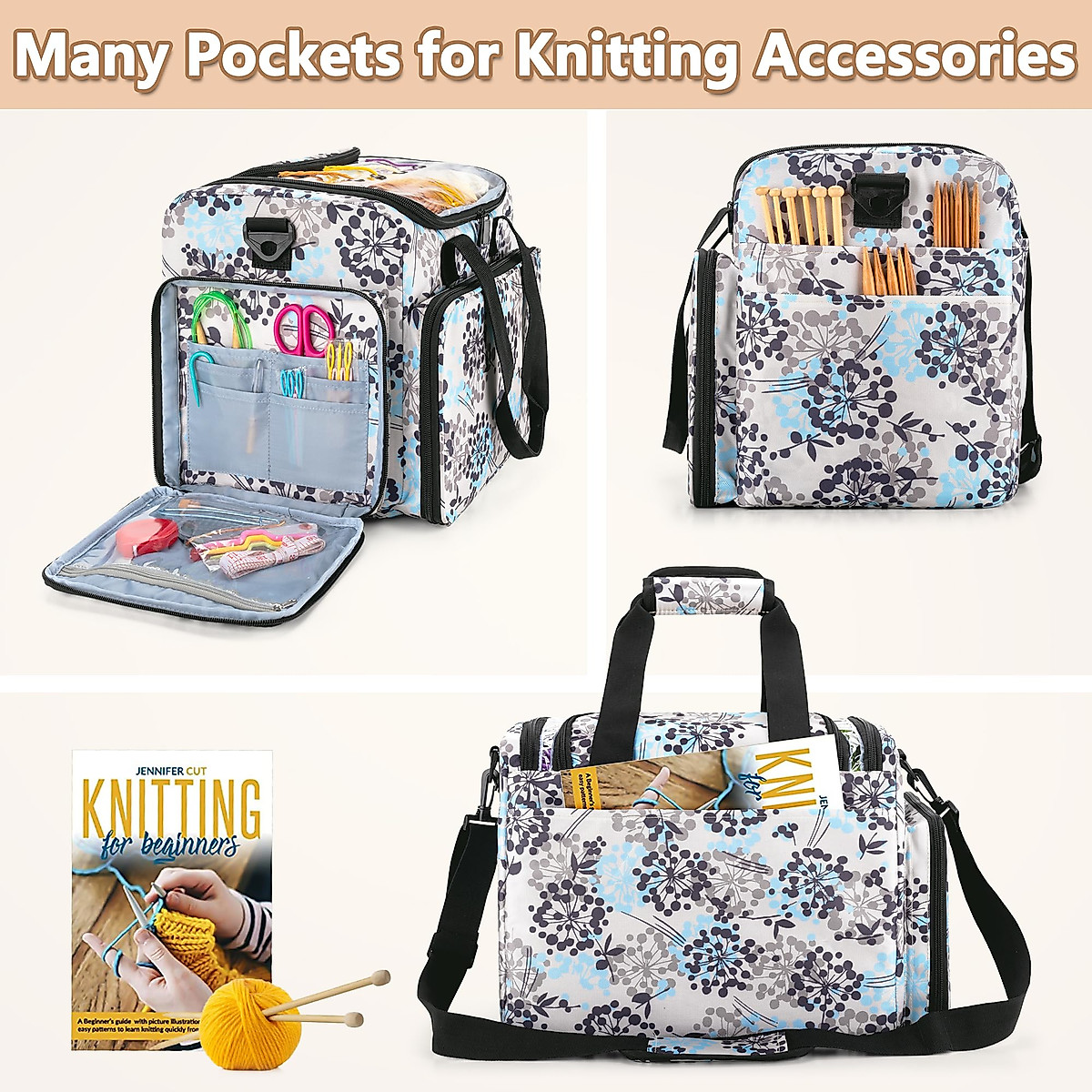 Teamoy Knitting Bag, Yarn Storage Bag Tote, Travel Yarn Organizer with Foldable Inner Dividers for Yarn, Crochet Hook, Knitting Needles(Up to 13.5"), Project and Supplies, Dandelion