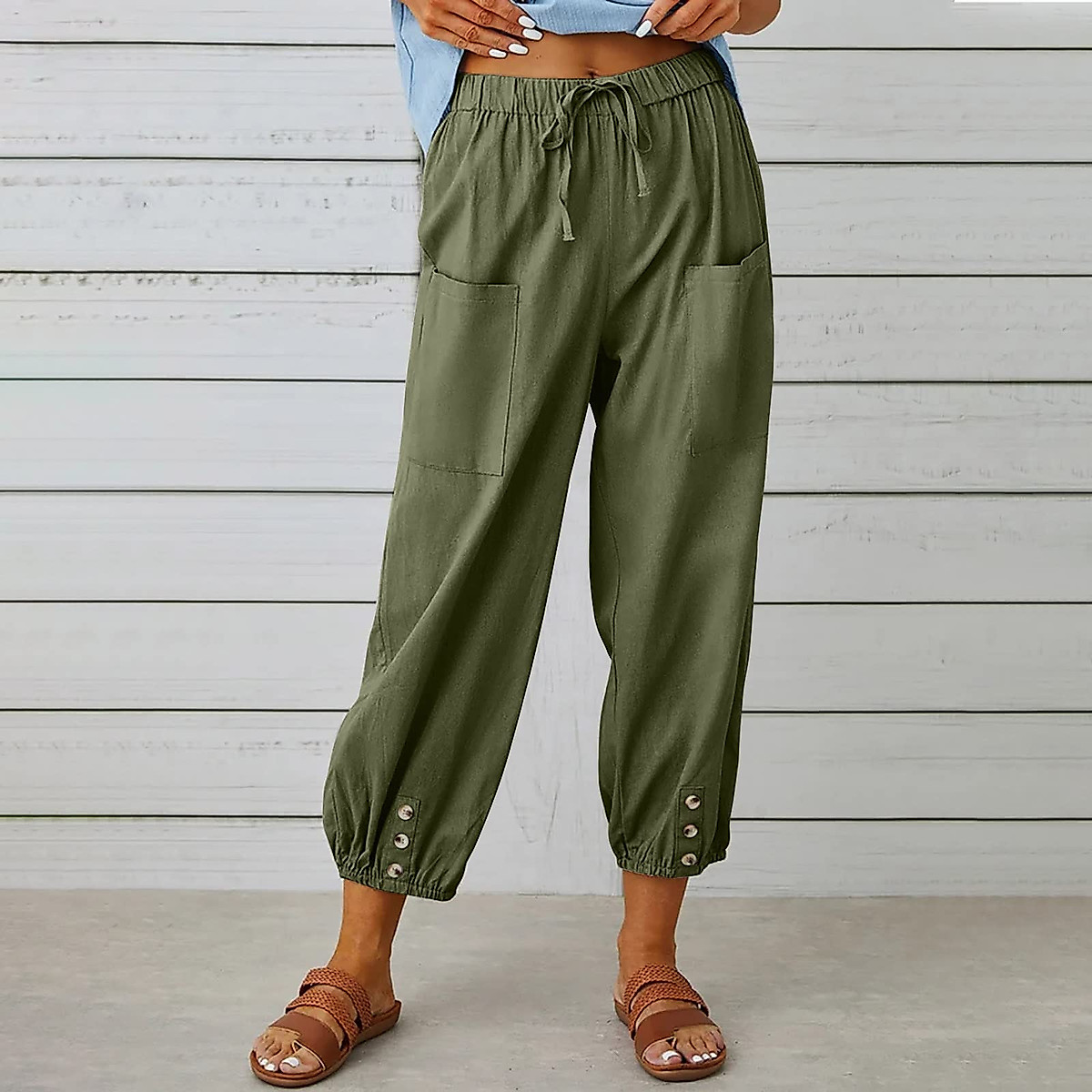 Womens Casual Capri Pants Elastic Waist Drawstring Summer Lounge Baggy Trousers Cinch Bottom Lantern Ankle Pants with Pockets