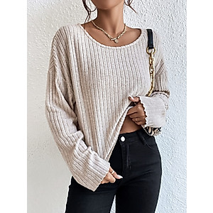 SweatyRocks Women's Long Sleeve Boat Neck Plain Tee Casual Drop Shoulder Rib Knit T Shirt Crop Top Apricot L