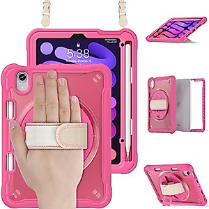 Batianda Case for iPad Mini 6 8.3 Inch 2021 with Pencil Holder Heavy Duty Rugged Shockproof Tablet Cover with 360° Rotating Hand Strap Foldable Hidden Stand & Shoulder Strap, Pink