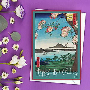 Happy Birthday Greeting Cards - Japanese Ukiyo-e Woodblock Print Art Card with Envelope (Hiroshige Sumida River) - code S01