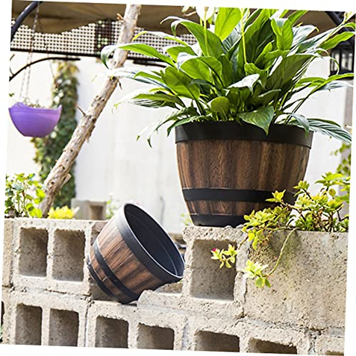 Yardenfun Outdoor Planter Home Cactus Indoor Style Garden Wooden Multi-Functional Flower Pots Bucket Wood Plant Bonsai Storage Round Whiskey Resin Container Pot Succulent Retro Plastic