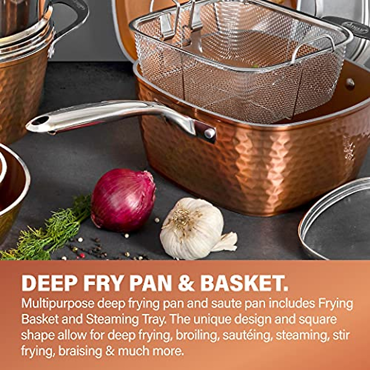 Gotham Steel Hammered Copper Collection – 20 Piece Premium Cookware & Bakeware Set with Nonstick Copper Coating, Includes Skillets, Stock Pots, Deep Square Fry Basket, Cookie Sheet and Baking Pans