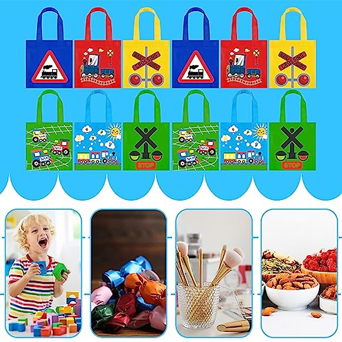 Pinkunn 20 Pieces Reusable Mini Train Party Tote Bags 6 Designs Gift Reusable Bags with Long Handles Gift Bag Goodie Treat Bags with Handles Party Favor
