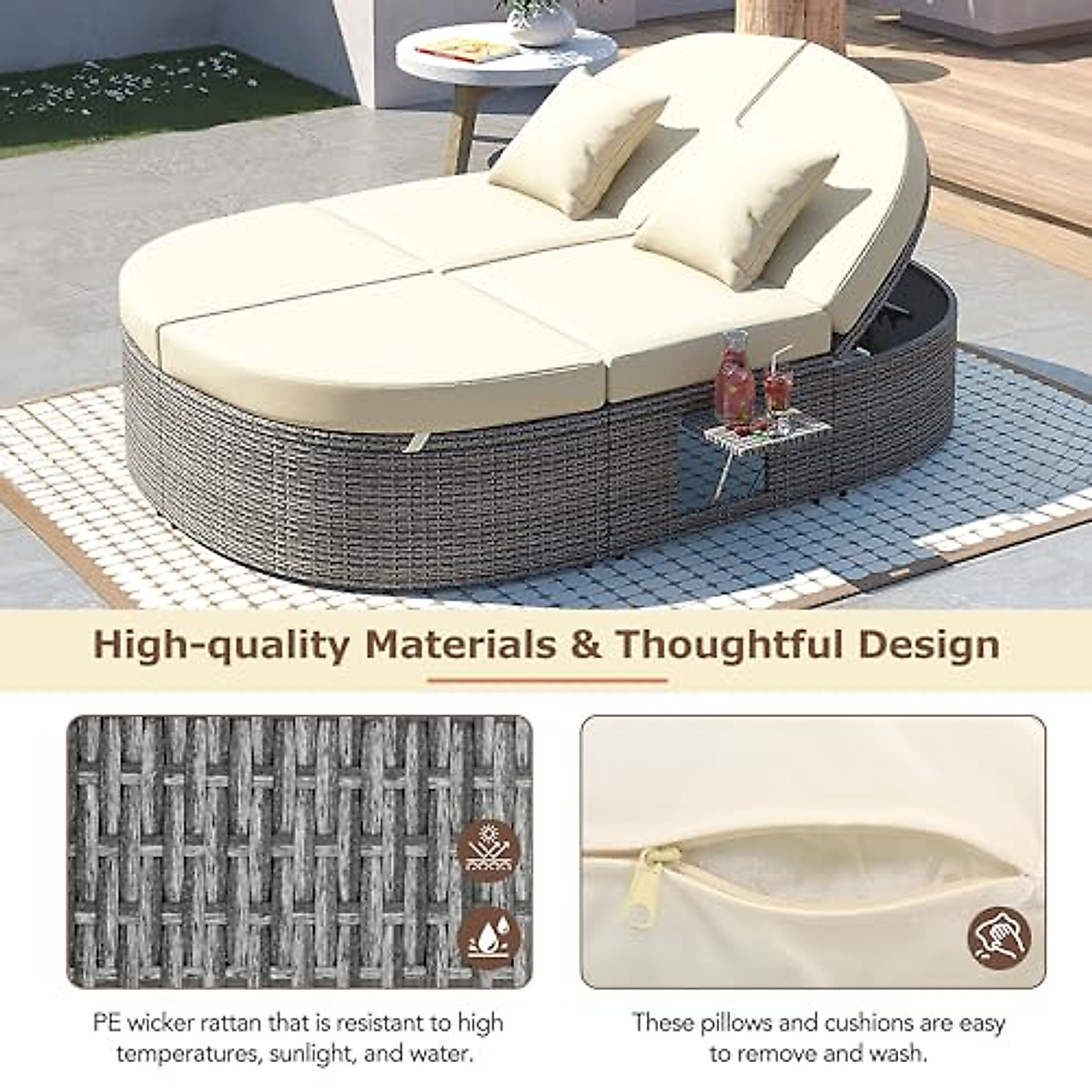 EOVTK Outdoor Rattan Daybed, Multifunctional 2-Person Sun Bed with Cushions and Pillows, Wicker Reclining Chaise Lounge with Adjustable Backrests and Foldable Cup Trays for Lawn, Poolside, Beige