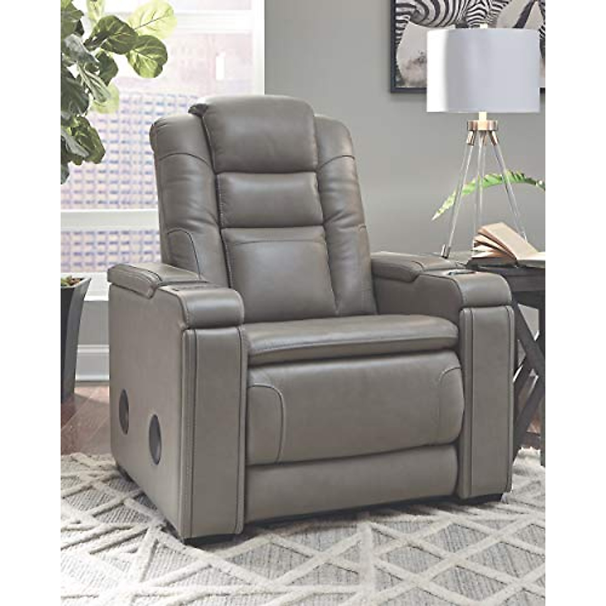 Signature Design by Ashley Boerna Leather Power Recliner with Adjustable Headrest, Bluetooth Speakers & Wireless Charger, Gray 41D x 37W x 44H in