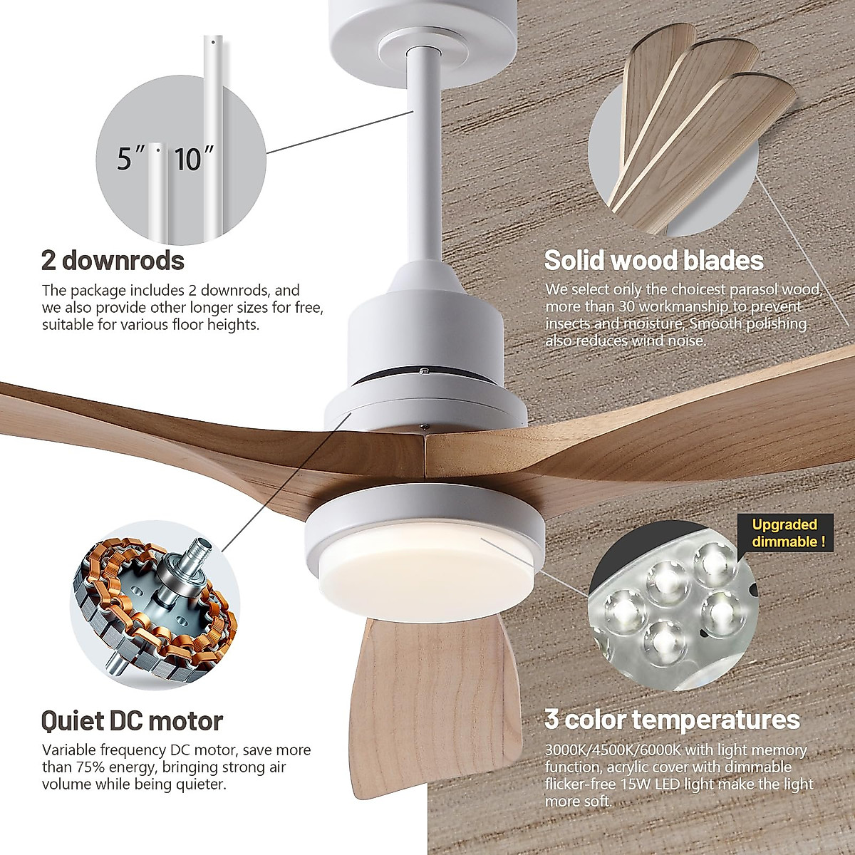 FXZZ 42" Wood Ceiling Fans with Lights and Remote, Quiet Reversible DC Motor and 3 Color LED Light, 3 Blades 6 Speed Ceiling Fan for Farmhouse Living Room Bedroom Dining Room Workroom Study