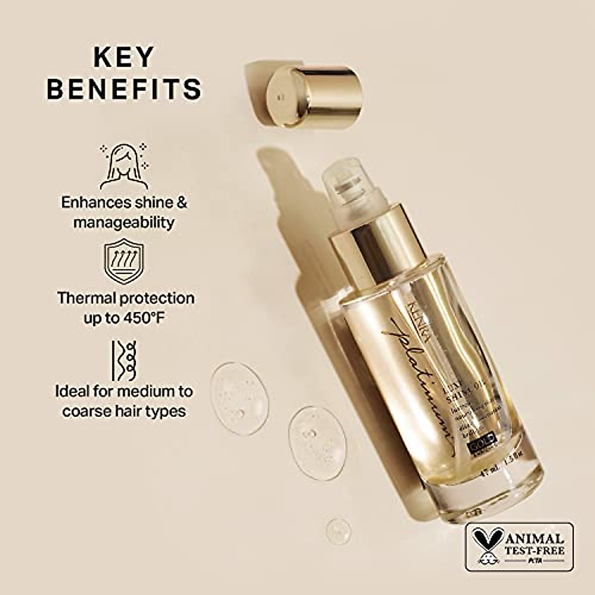 Kenra Platinum Luxe Shine Oil | Gold Enriched Nourishing Elixir |Enhances Shine & Manageability | Thermal Protection Up To 450F | Medium To Coarse Hair | 1.5 fl. Oz