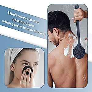 SAMEBUTECO Silicone Bath Brush Body Back Scrubber for Shower & Face Scrubber Set Bath Body Brush with Stainless Steel Inner, Long Handle 11.5 ‘’,Adhesive Free Hook,BPA-Free (3 in 1)