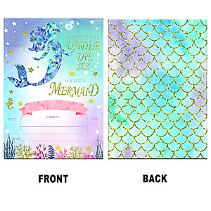 SamPartyShop Mermaid Invitations with Envelopes,Magical Glitter Mermaid Party Invitations,20 Fill in Mermaid Birthday Invitation Under The Sea Invitations