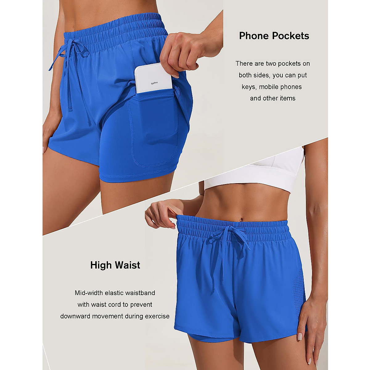 PINSPARK Womens High Waisted Running Shorts Soft Liner 4'' Dolphin Quick Dry Athletic Gym Track Workout Shorts with Pockets Royal Blue L