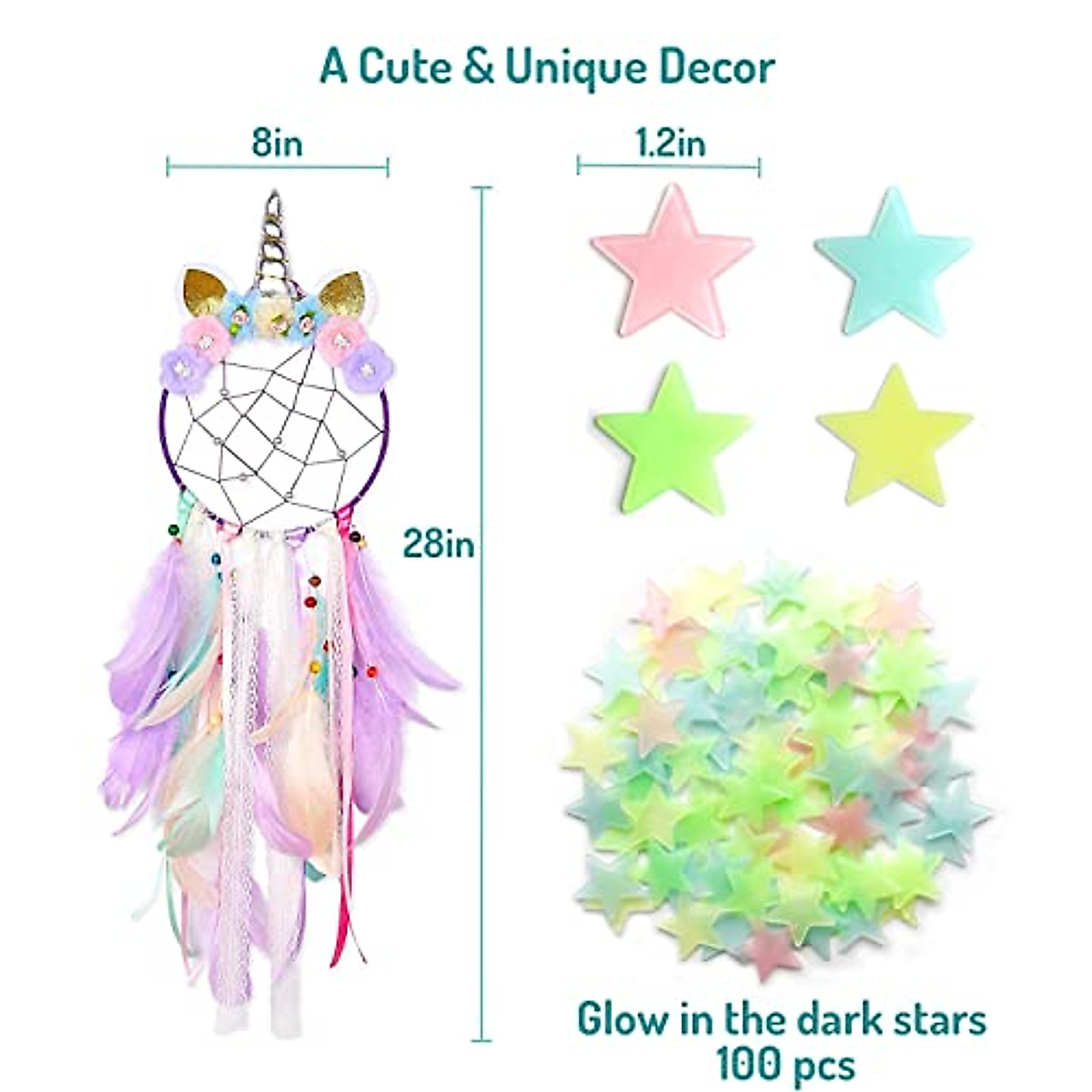 Unicorn Dream Catcher for Girls with Glowing Stars, Dream Catcher Wall Decor, Girls Bedroom Decor, Unicorns Gifts for Girls, Kids Set