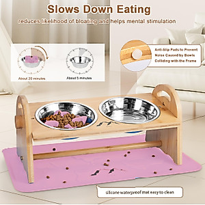 M1R4 Pink Elevated Dog Bowls Set, Adjustable Raised Dog Food Bowl Stand, 2 Stainless Steel Bowls, Silicone Waterproof Mat, Suction Slow Feeder, Durable Bamboo Stand, for Small/Medium Dogs and Cats