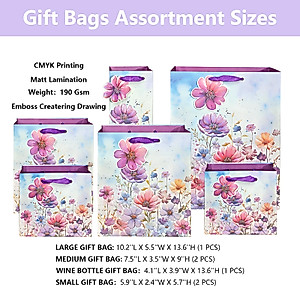 6 Pack Purple Flowers Pattern Embossed Paper Gift Bag with Handles, Assorted Paper Bags with 8 Pcs Tissue Paper for Girls/Women Baby Shower, Celebrations,Birthday,Wedding and Any Occasions