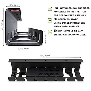 Under Desk Cable Management Tray - No Drill Cable Management for Glass Desk. Under Desk Cable Organizer for Wire Management. Perfect Standing Desk Cable Management Rack (Black- Set of 2)