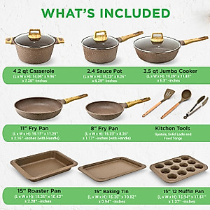 Nutrichef 22-Piece Maroon Marble Non-Stick Cookware and Bakeware Set - Professional Home Kitchen Collection with Multi-Sized Pots, Pans, and Heat-Resistant Tools