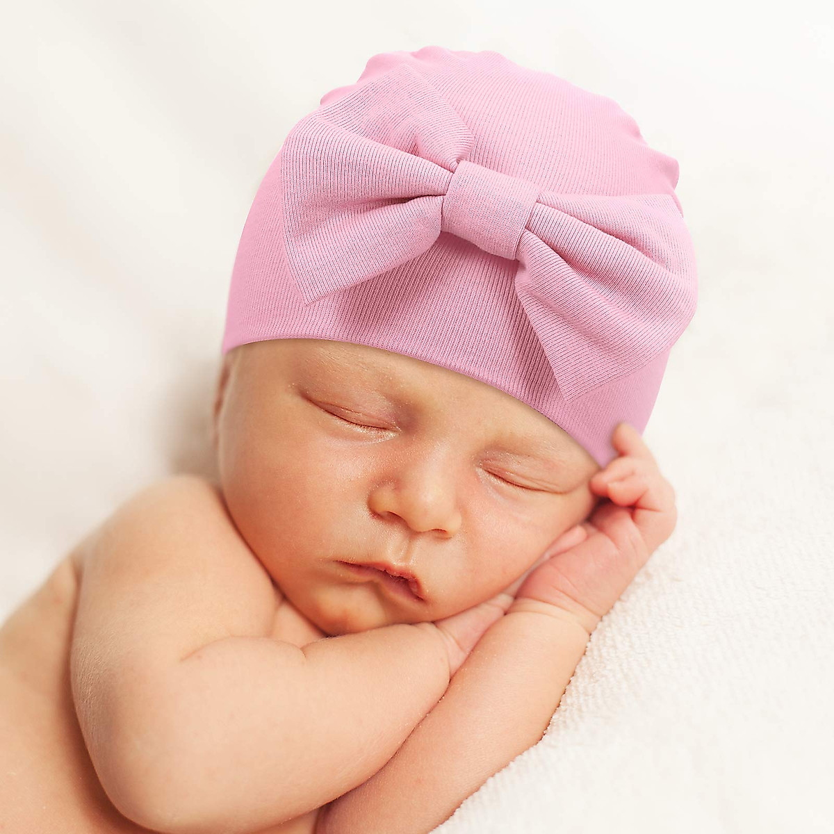 Geyoga 6 Pcs Newborn Hats Baby Beanie Cotton Hats Soft Newborn Baby Cap with Cute Bow for 0-6 Months Girls Unisex Baby(Classic Colors)