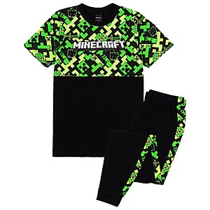 Minecraft Camo Pajama Set | Creeper Short Sleeve Top and Long Leg Bottoms | Comfortable Kids Gaming Nightwear for Bedtime