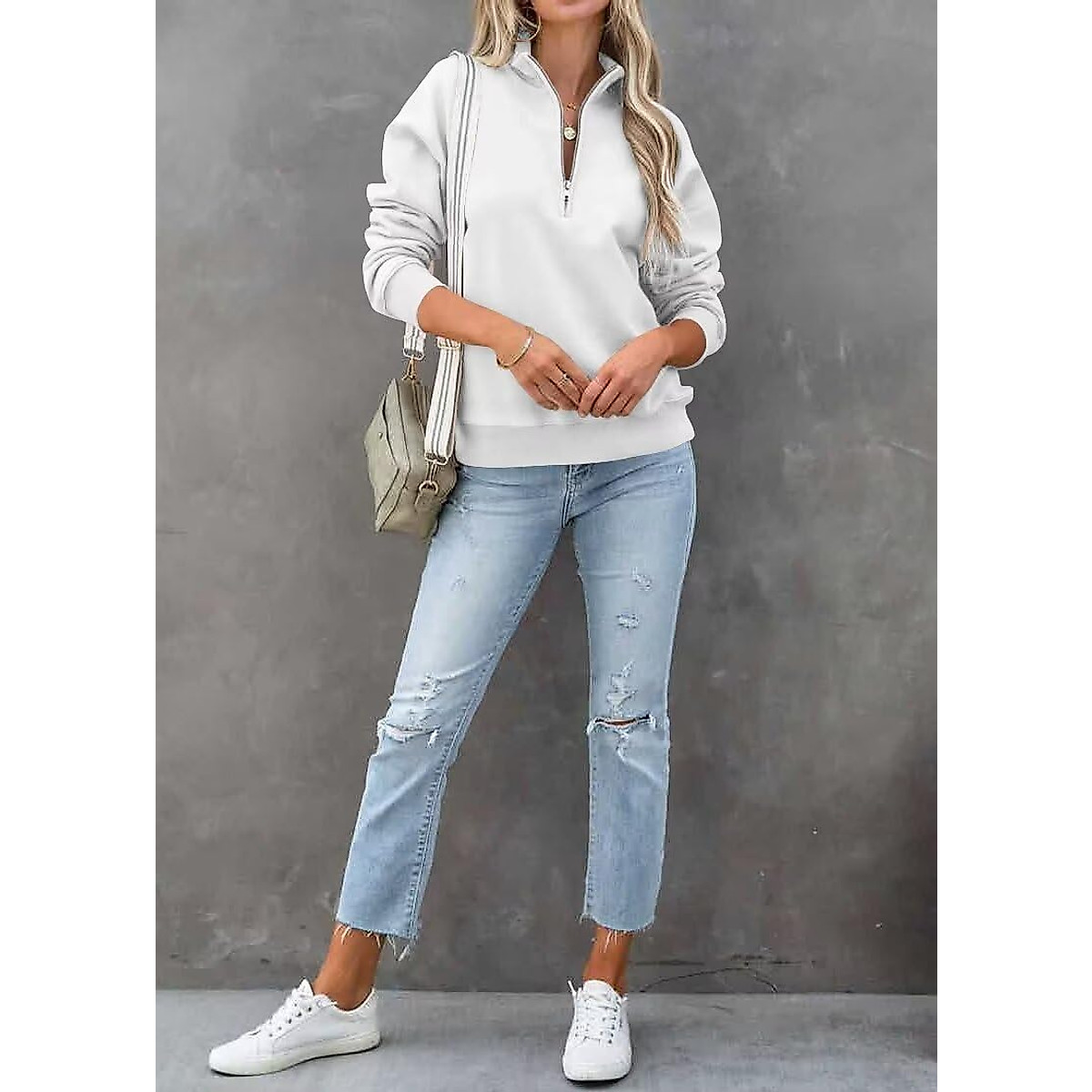 Dressmine Womens Fall Sweatshirt Long Sleeve Quarter Zip Lapel Collar Shirts Casual Loose Pullover Sweatshirts Tops for Women White Meidum